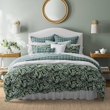 Laura Ashley Bramble Floral Cotton Reversible 7 Piece Comforter Set  King - Forest Green