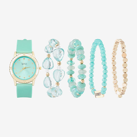 American Exchange Womens Matte Teal Silicone Strap Analog Watch 38mm with Stackable Bracelets Gift Set - Teal