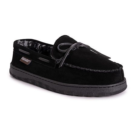 Muk Luks Mens Paul Printed Berber Suede Moccasin Slippers - Black