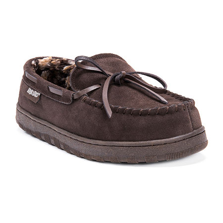 Muk Luks Mens Paul Printed Berber Suede Moccasin Slippers - Chocolate