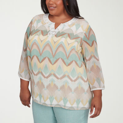 Alfred Dunner Plus Kensington Garden Womens Split Crew Neck 3/4 Sleeve ...