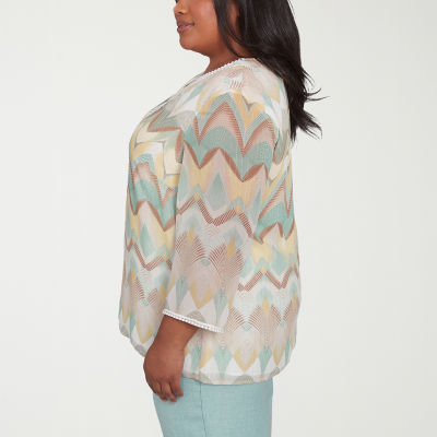 Alfred Dunner Plus Kensington Garden Womens Split Crew Neck 3/4 Sleeve ...