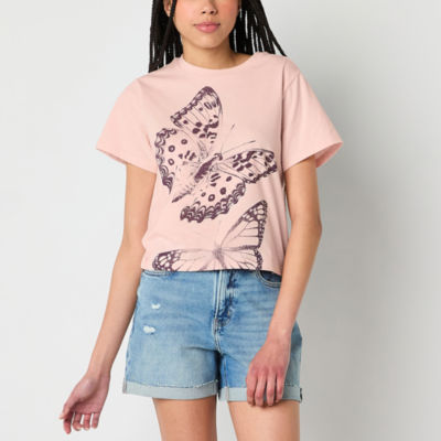 New World Juniors Floral Butterly Semi Fit Tee Womens Crew Neck Short ...