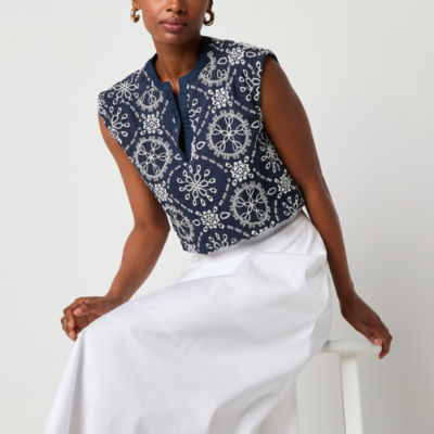 Worthington Womens Split Crew Neck Sleeveless Blouse, Color: Navy ...