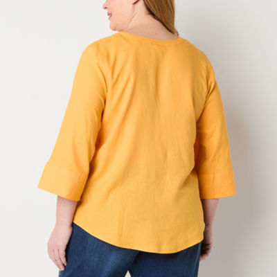 Liz Claiborne Plus Womens Split Crew Neck 3/4 Sleeve Blouse - JCPenney