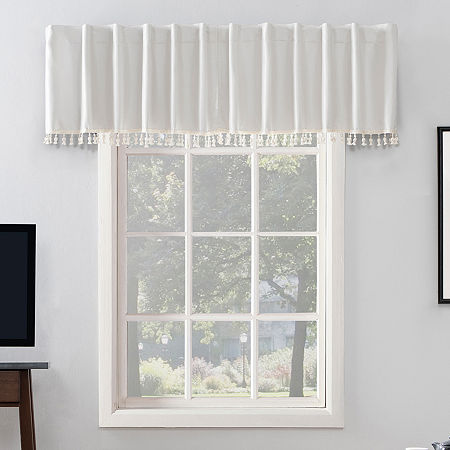 Evelina Faux Dupioni Silk Beaded Tassels Thermal Extreme 100 Blackout Back Tab Curtain Valance - Pearl