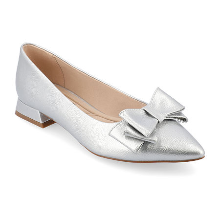 Journee Collection Womens Ophelia Bow Low Block Heel Dress Flats - Silver