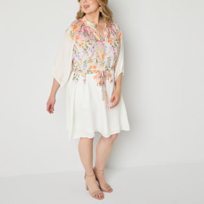 52seven Womens 3/4 Sleeve Floral Midi Fit + Flare Dress Plus, Color ...