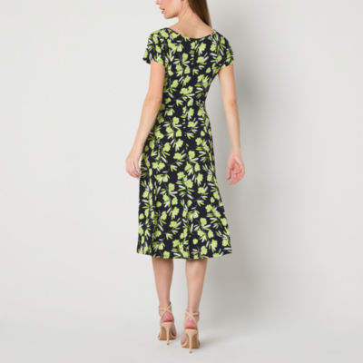 Perceptions Womens Short Sleeve Floral Midi Fit + Flare Dress Petite