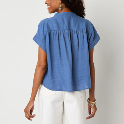 a.n.a Womens Split Crew Neck Short Sleeve Blouse - JCPenney