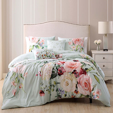 Bebejan Rose on Misty Green Bedding 200 Thread Count 100 Cotton Sateen 5 Piece Reversible King Comforter Set - Green