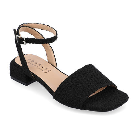 Journee Collection Womens Adleey Ankle Strap Tweed Block Heel Sandals - Black