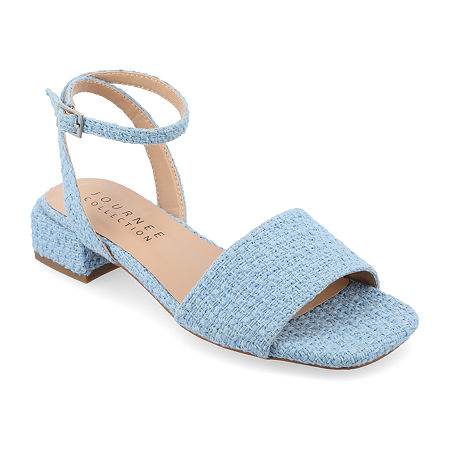 Journee Collection Womens Adleey Ankle Strap Tweed Block Heel Sandals - Blue