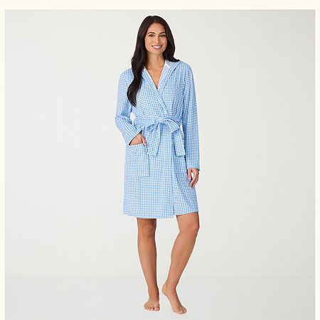 Cuddl Duds Womens Short Wrap Vintage Hooded Robe - White Blue