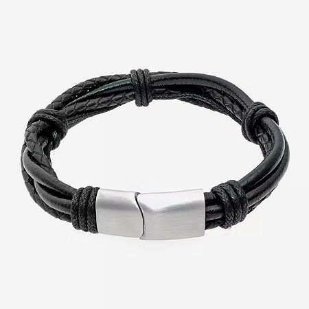 Click here for Mens Black Leather Bracelet with Stainless Steel M... prices
