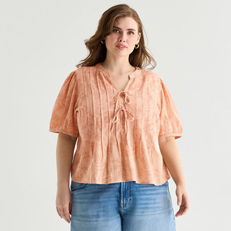 Click here for a.n.a Womens Plus Split Tie Neck Short Sleeve Blou... prices