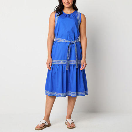 St. Johns Bay Womens Embroidered Sleeveless Shift Dress  Medium  Blue