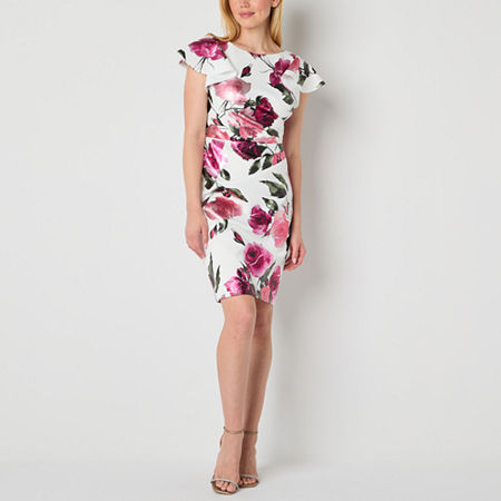 Jessica Howard Womens Short Sleeve Floral Sheath Dress  6  White