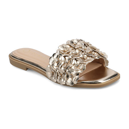 Journee Collection Womens Azalea Embellished Square Toe Floral Flat Sandals - Gold