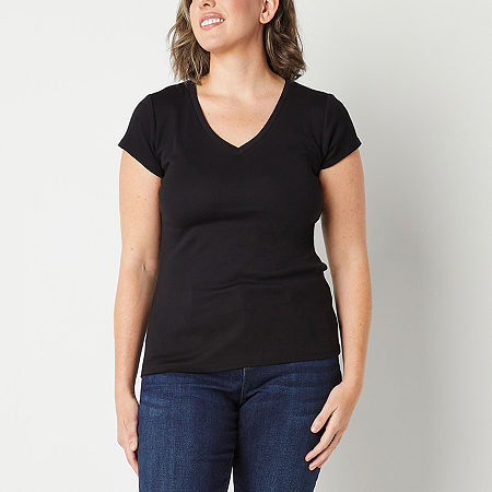 Liz Claiborne Womens V Neck Short Sleeve Tall T-Shirt  Small Tall  Black