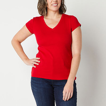 Liz Claiborne Womens V Neck Short Sleeve Tall T-Shirt  Medium Tall  Red