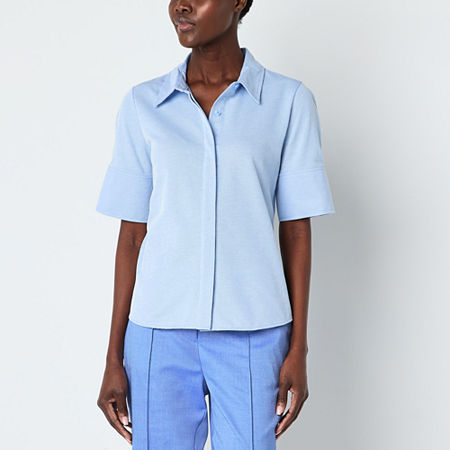 Liz Claiborne Womens Short Sleeve Regular Fit Button-Down Shirt  Small  Blue