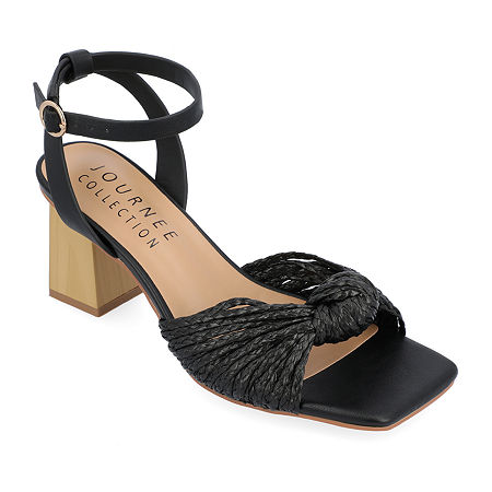 Journee Collection Womens Galinda Raffia Knot Block Heel Sandals - Black