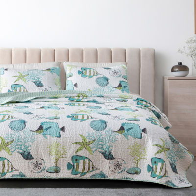 Linery Fish Coral Reversible Quilt Set EC700761, Color: Fish Coral ...