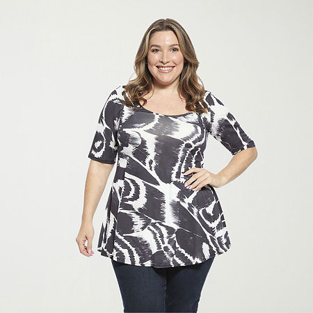 24seven Comfort Apparel Plus Size Abstract Scoop Neck Elbow Sleeve Tunic Top - Black Multi