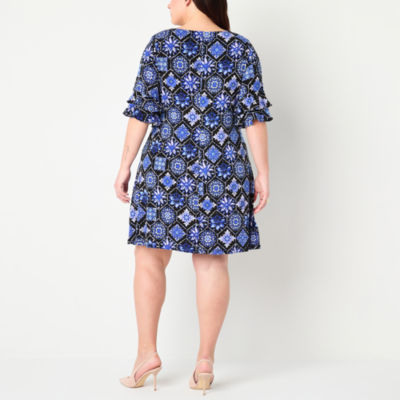 Perceptions Womens Plus Short Sleeve Geometric Shift Dress