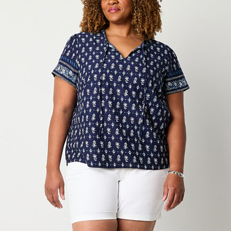 Click here for St. Johns Bay Womens Plus Split Tie Neck Short Sle... prices