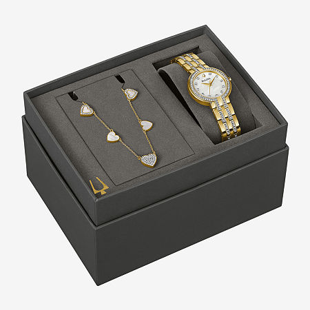 Bulova Womens Classic Crystal Gold-Tone Stainless Steel Bracelet Watch 30mm Gift Set - Gold-tone