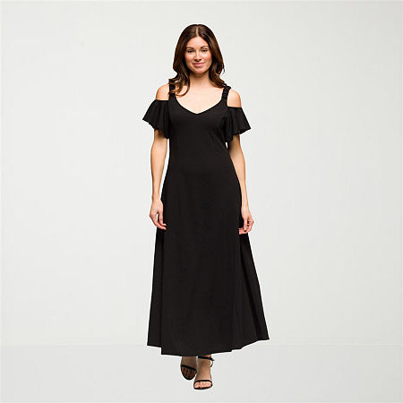 24seven Comfort Apparel Womens Cold Sholder Ruffle Sleeve A Line Maxi Dress - Black