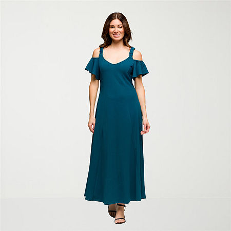 24seven Comfort Apparel Womens Cold Sholder Ruffle Sleeve A Line Maxi Dress - Teal