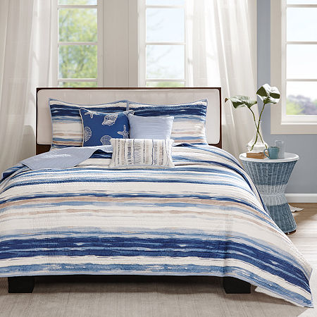 Madison Park Marina Printed 6 Piece Quilt Set  King/California King - Blue