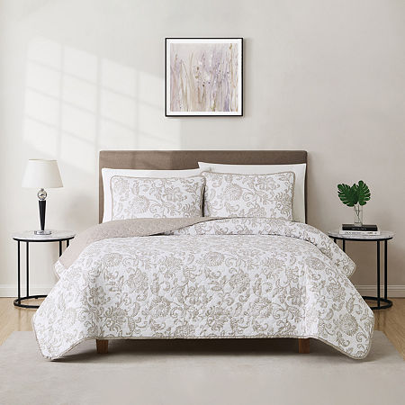 Cannon Sylvana Jacobean Floral 2-Piece Quilt Set  Twin/Twin Xl - White  Taupe