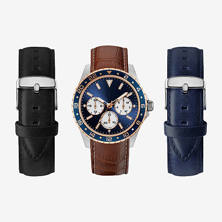 American Exchange Mens Analog  Three-Hand Quartz Brown Leather Strap Watch 43mm Gift Set - Brown