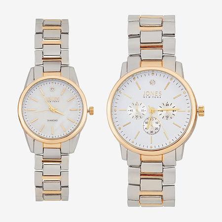 Jones New York Men and Womens Analog Shiny Two-Tone Metal Bracelet His Hers Watch 42mm  32mm Gift Set - White  Gold  Silver