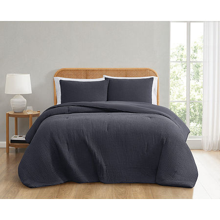 Truly Soft Textured Waffle 3 Piece Comforter Set  King - Charcoal Gray