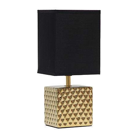 Simple Designs 11.81 Tall Contemporary Petite Hammered Metallic Gold Square Bedside Table Desk Lamp with Rectangular Black Fabric Shade - Gold
