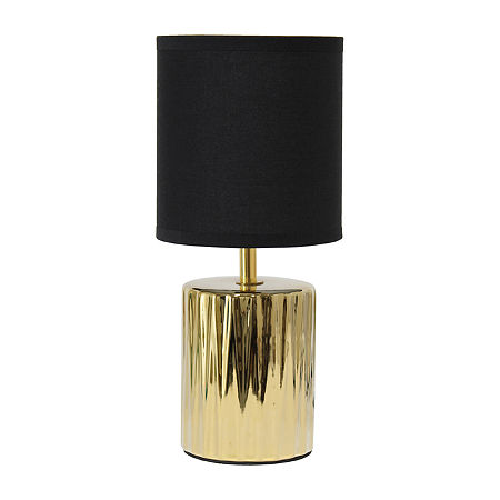 Simple Designs 11.61 Tall Contemporary Ruffled Metallic Gold Capsule Bedside Table Desk Lamp with Black Drum Fabric Shade - Gold