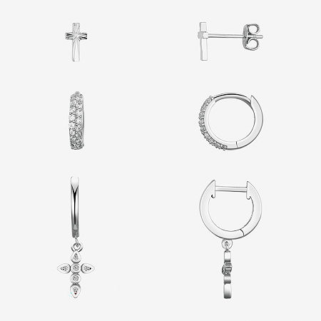 Unwritten Cubic Zirconia Cross Stud and Hoop Earring Set - Silver