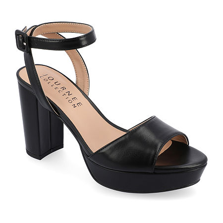 Journee Collection Womens Nairri Platform Block Heel Dress Sandals - Black Polyurethane Faux Leather- Polyure