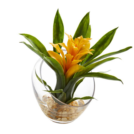 Nearly Natural 8 Tropical Bromeliad in Angled Vase Artificial Arrangement - Yellow