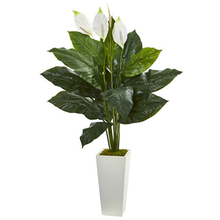 Nearly Natural 51 Spathiphyllum Artificial Plant in White Tower Planter - Green