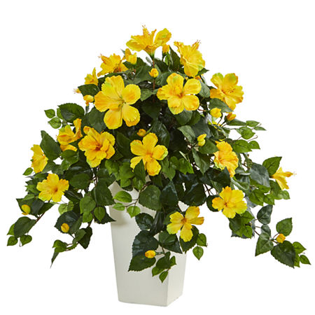 Nearly Natural Hibiscus Artificial Plant in White Tower Planter - Yellow
