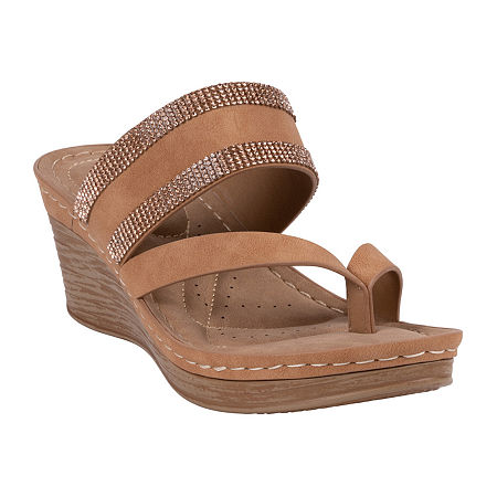 Click here for Gc Shoes Womens Slip-On Wedge Heel Sandals - Tan prices