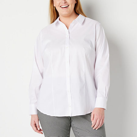 Liz Claiborne Womens Wrinkle Free Stretch Fabric Wrinkle Free Long Sleeve Vent Sleeve Regular Fit Plus Button-Down Shirt  4x  White