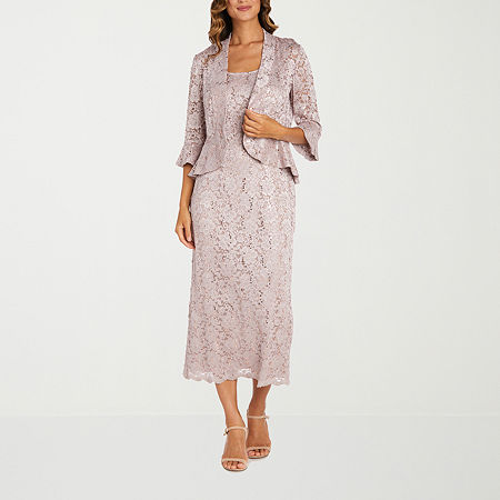R & M Richards Sequined Lace Midi Dress and Jacket - Blush