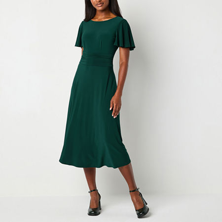 Perceptions Womens Petite Short Sleeve Midi Fit + Flare Dress  Petite Large  Green